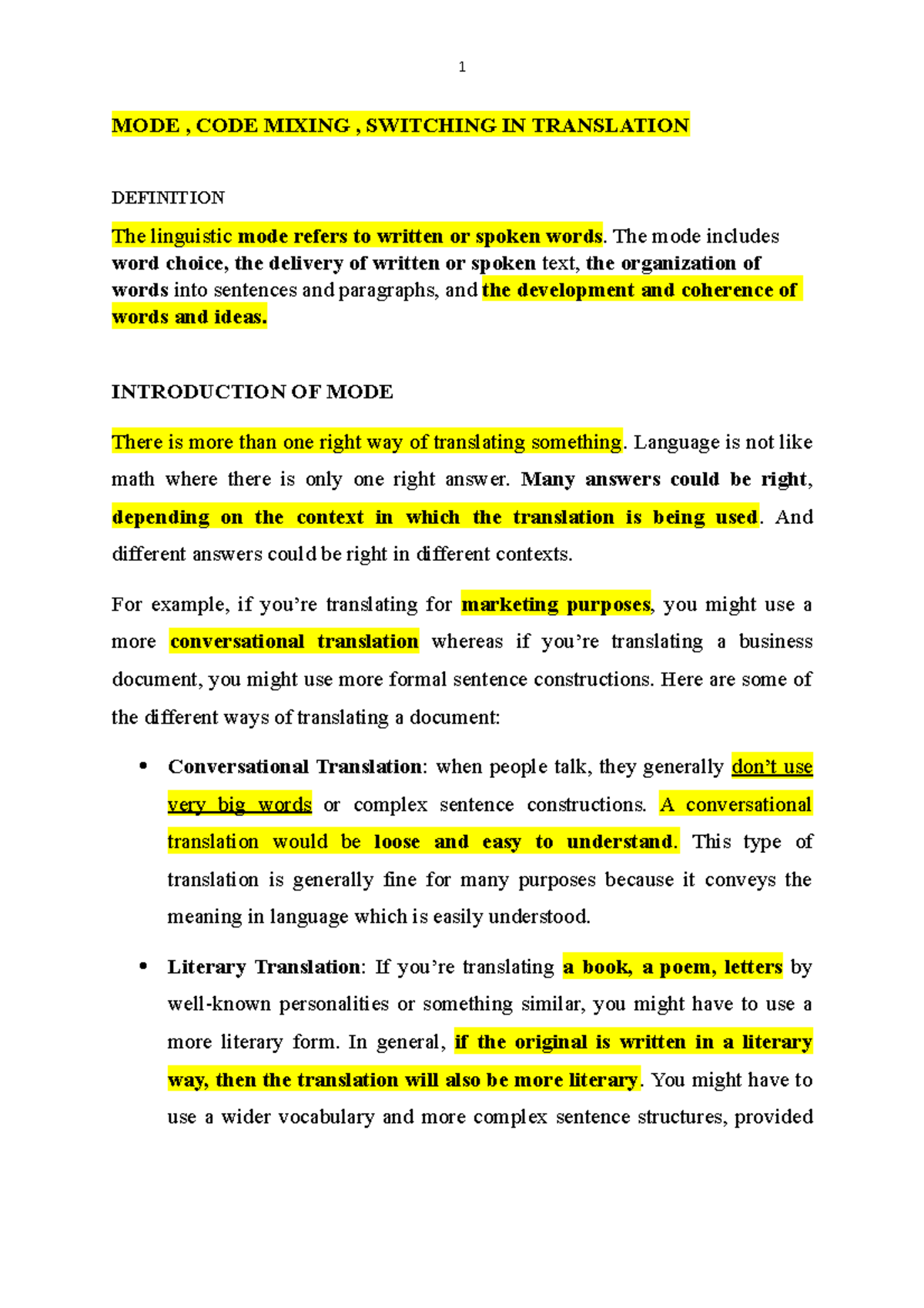 MODE, CODE Mixing AND Switching IN Translation - MODE , CODE MIXING ...