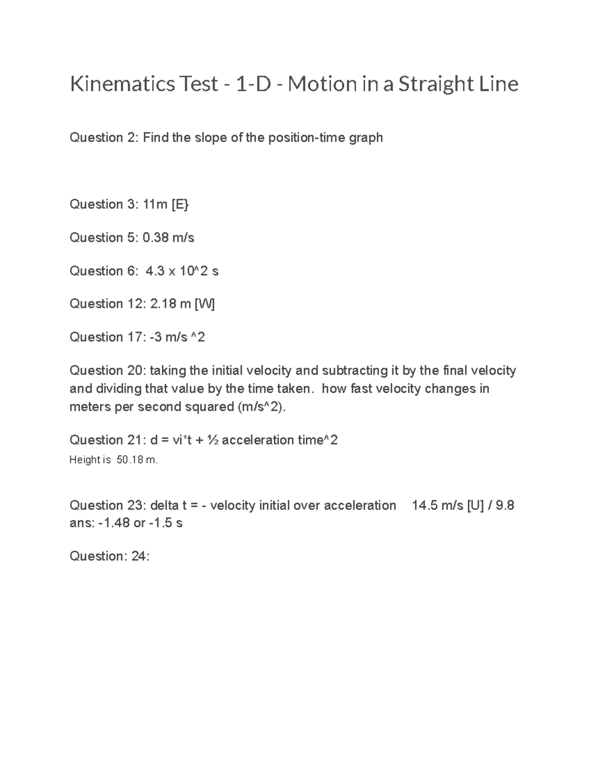 Mark improvement test answers - Kinematics Test - 1-D - Motion in a ...