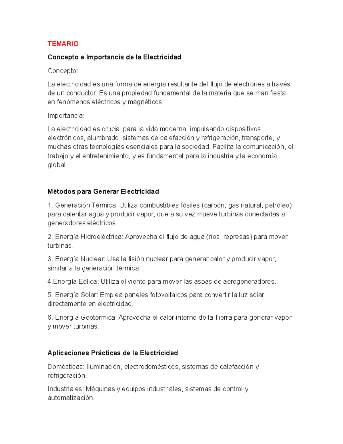 Temario - TEMARIO Concepto e Importancia de la Electricidad Concepto: La electricidad es una ...