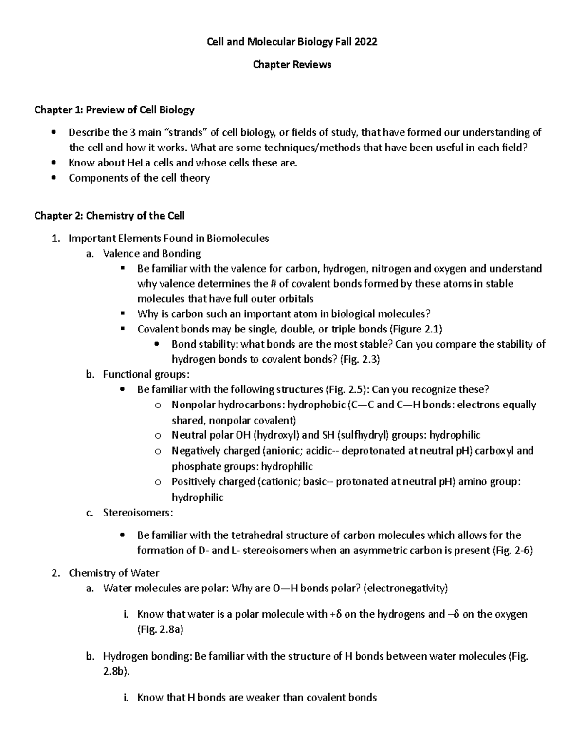 Chapter 1 and 2 Review. Intro to Cell Bio and Chemistry of the Cell ...