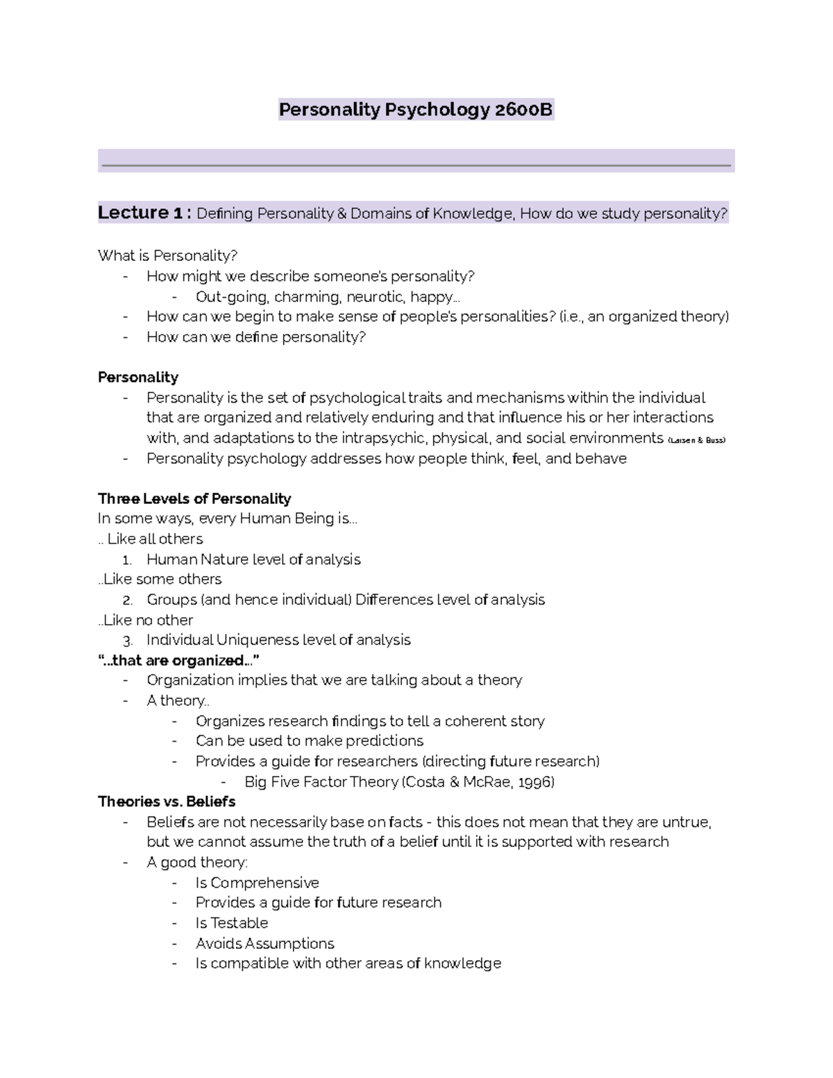 1Personality Lecture Notes - Personality Psychology 2600B Lecture 1 ...