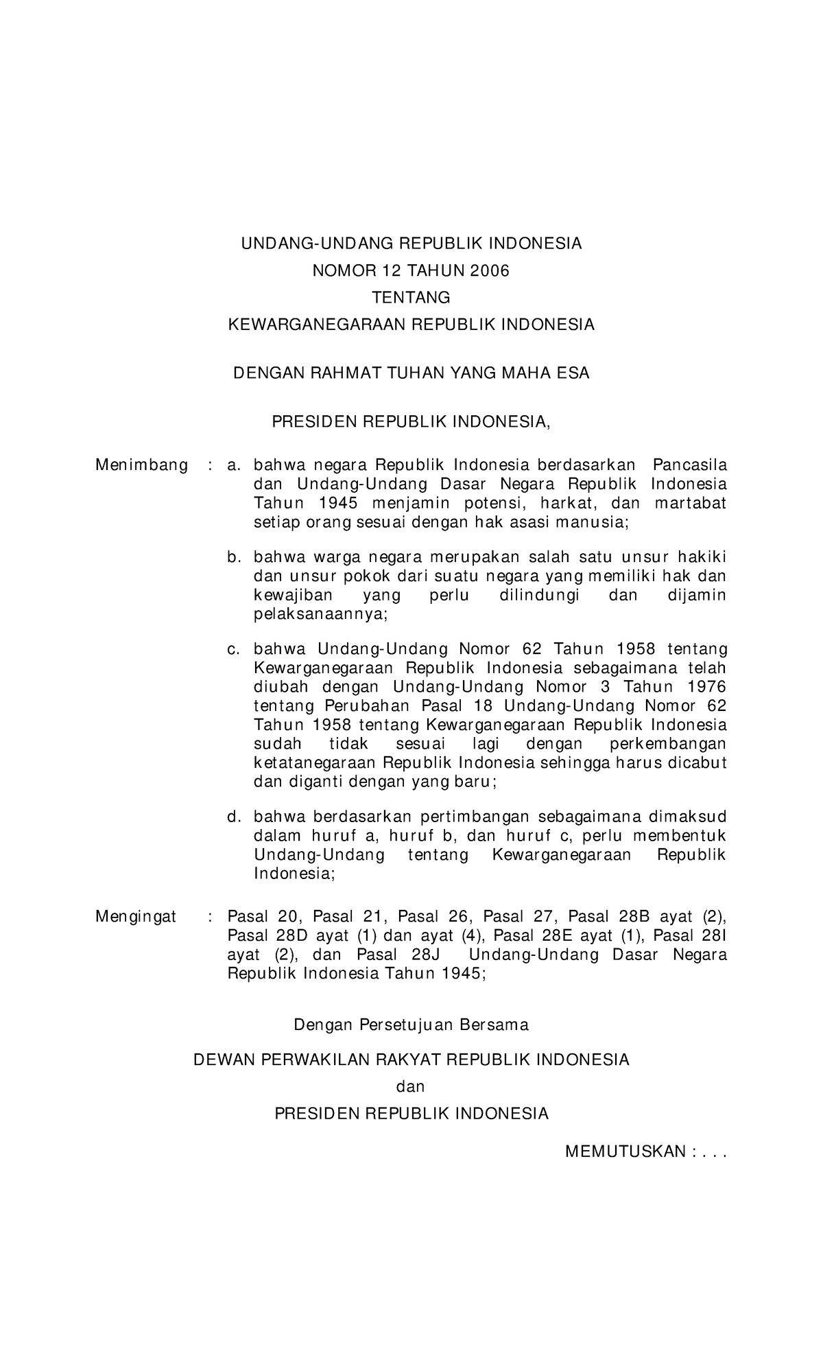 UU Nomor 12 Tahun 2006 - UNDANG-UNDANG REPUBLIK INDONESIA NOMOR 12 ...