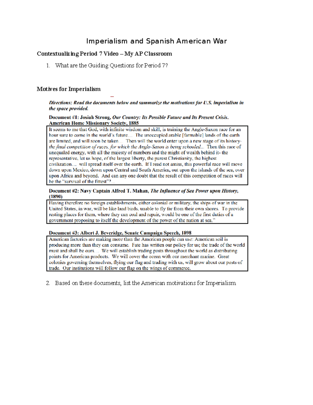 Imperialism and Spanish American War - DBQ - Imperialism and Spanish ...