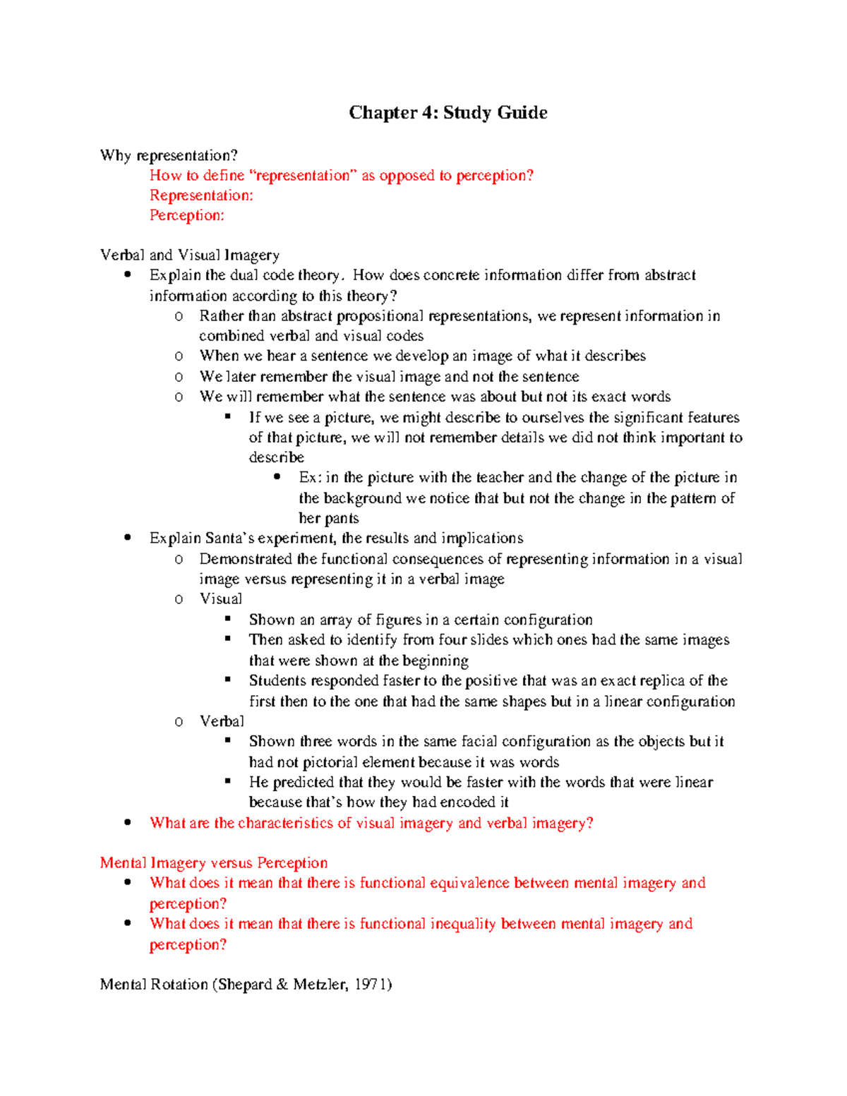 Notes pre lecture - Chapter 4: Study Guide Why representation? How to ...