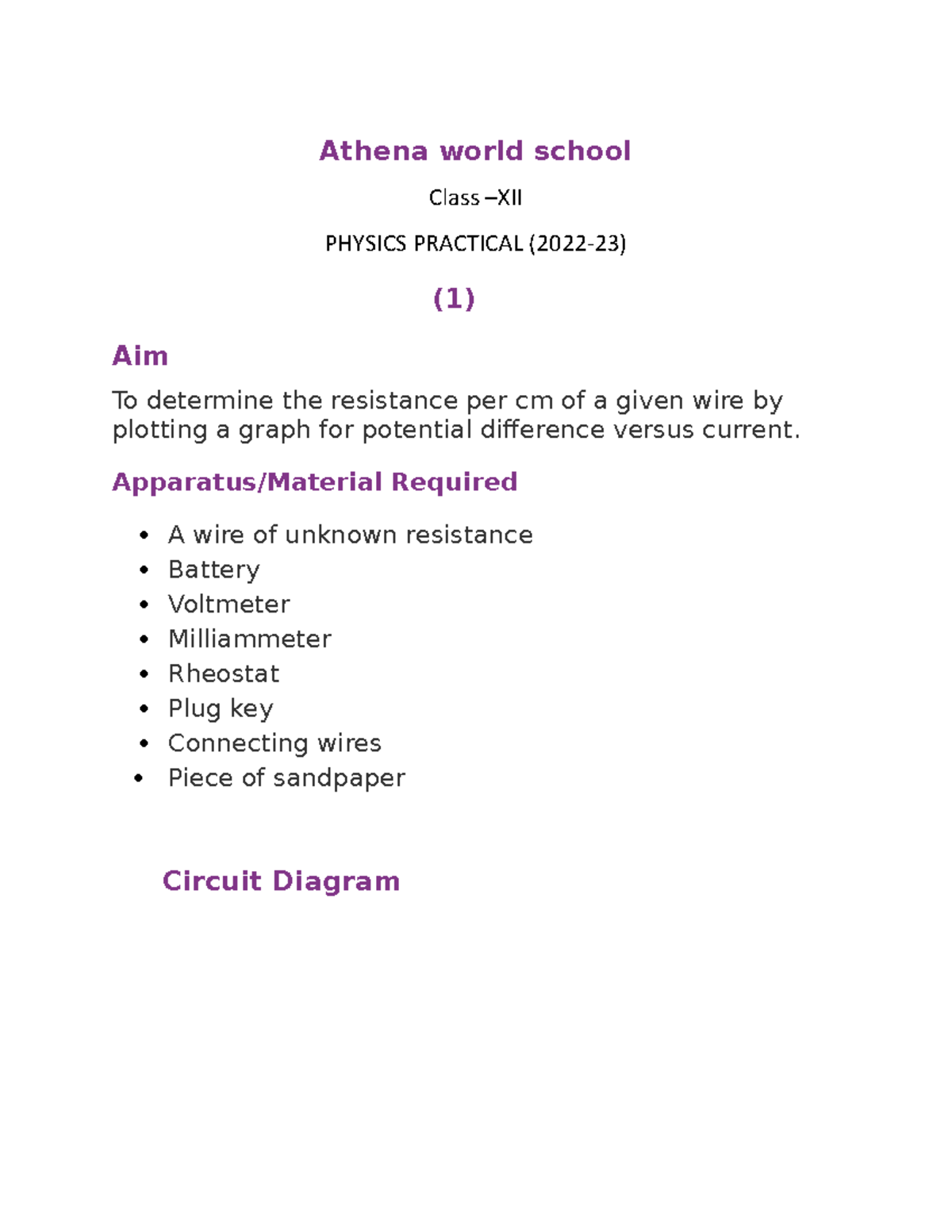 XII practical 22-23 - Athena world school Class –XII PHYSICS PRACTICAL ...