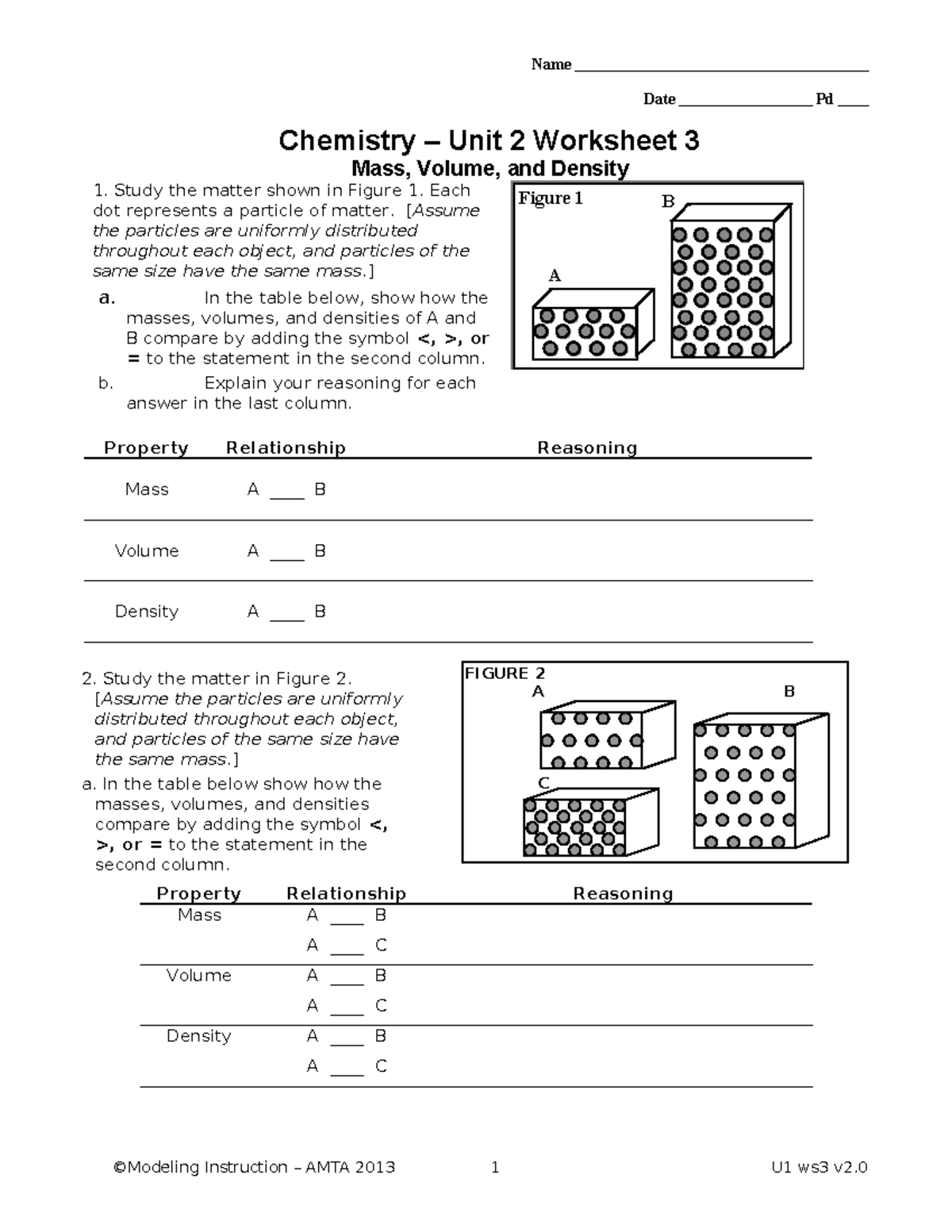 Unit 2 WS 3 - Mass, Volume, and Density - Name Date Pd Chemistry – Unit ...