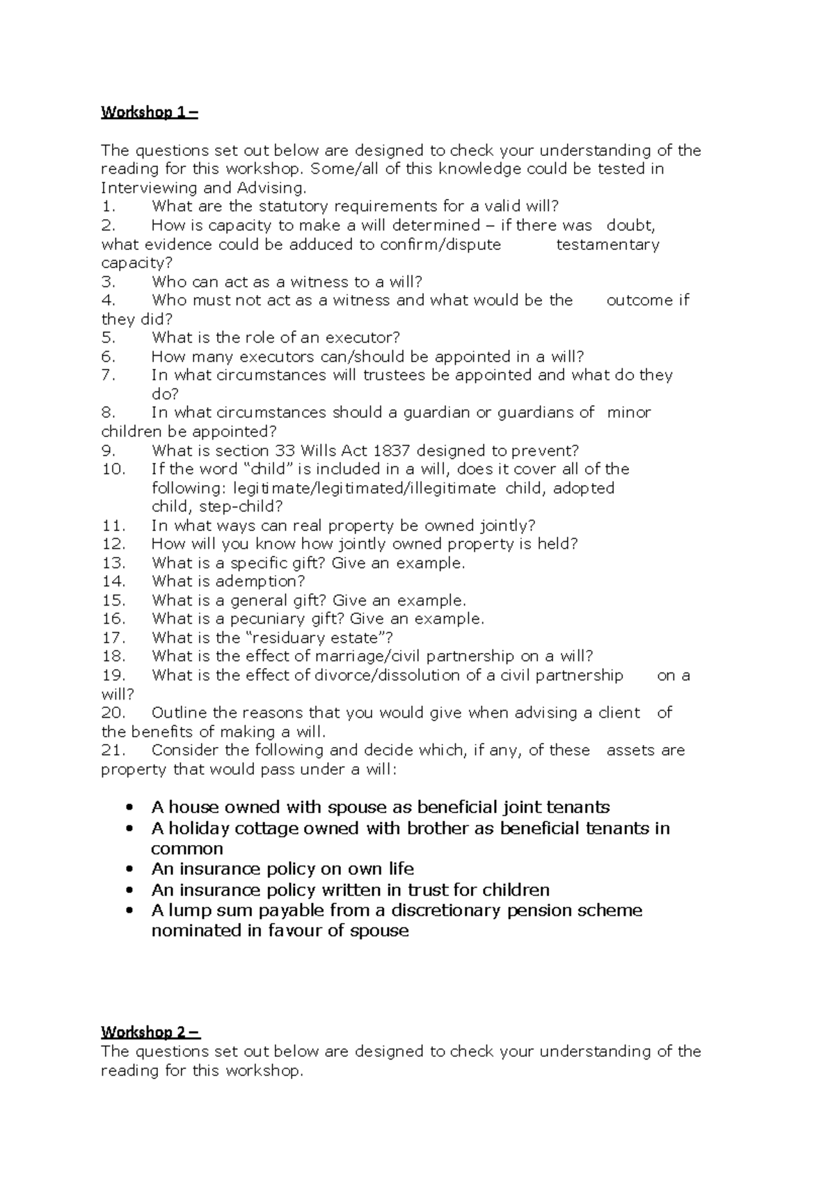 Flash card questions - Workshop 1 – The questions set out below are ...