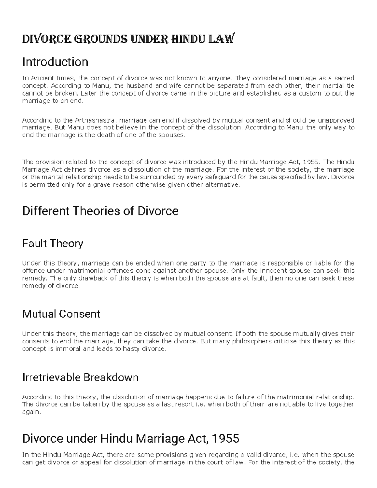 Divorce Grounds Under Hindu LAW UNIT 3 - DIVORCE GROUNDS UNDER HINDU LAW Introduction In Ancient ...