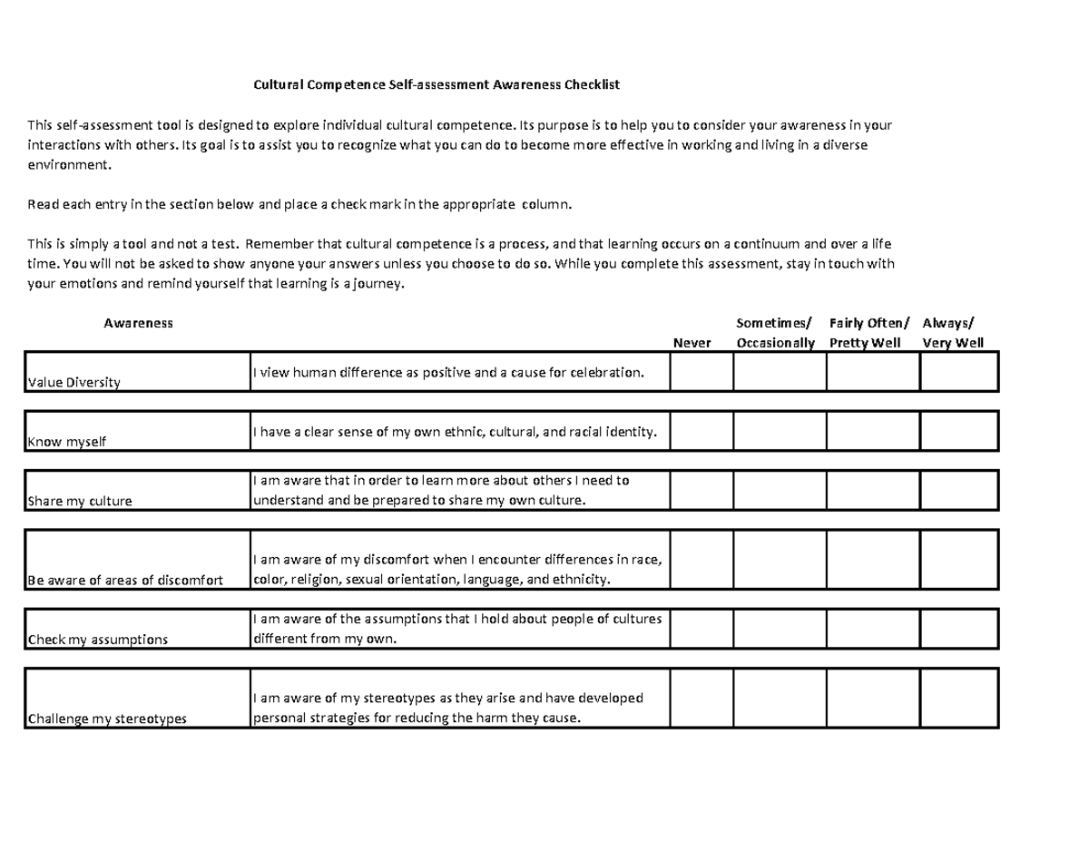 Awareness self assessment - Cultural Competence Self-assessment ...