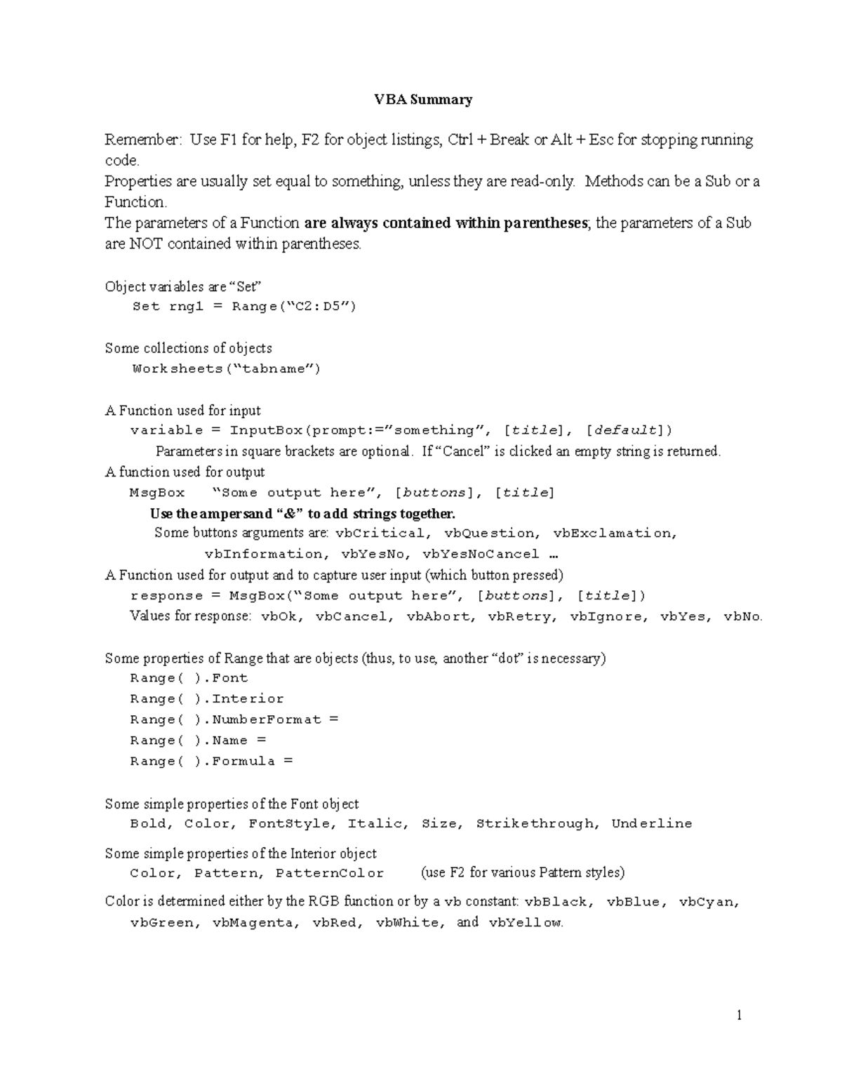 VBA Summary for Exam 3 18a 0502 - VBA Summary Remember: Use F1 for help ...