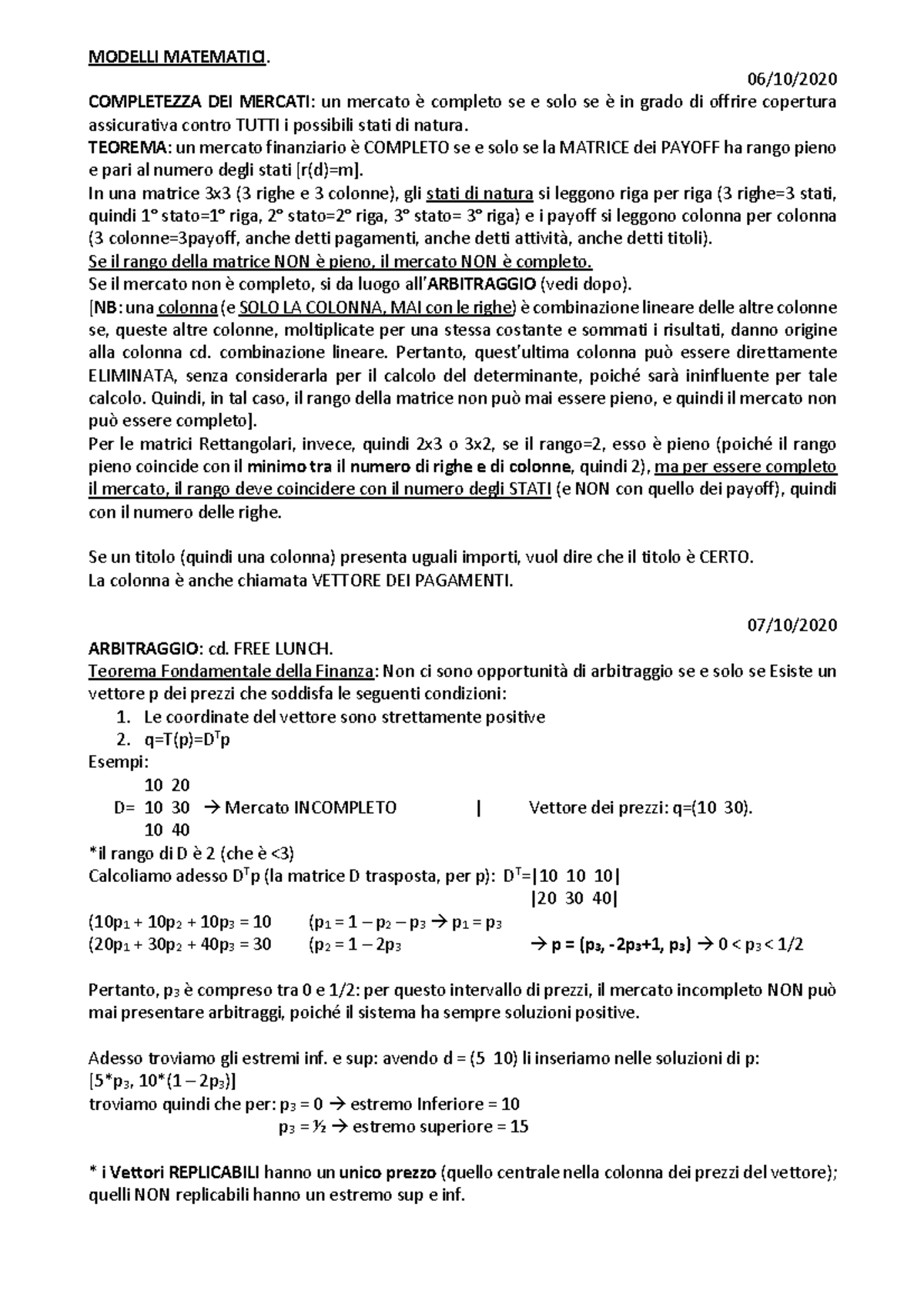 Riassunti Modelli Matematici per i mercati finanziari - MODELLI MATEMATICI. 06/10/ COMPLETEZZA ...