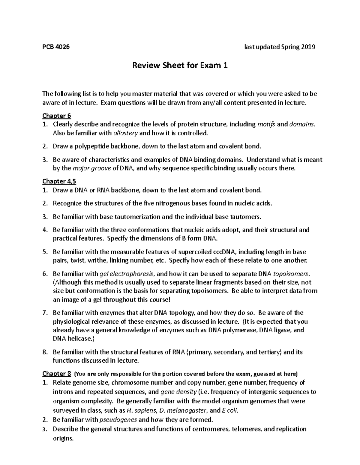 Review sheet for Exam 1 - Spring 2019 - PCB 4026 last updated Spring ...