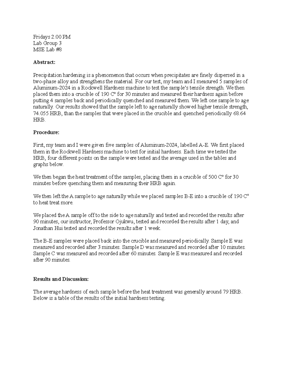 MSE227L Lab 8 - Chima Ojukwu Lab - Fridays 2:00 PM Lab Group 3 MSE Lab ...