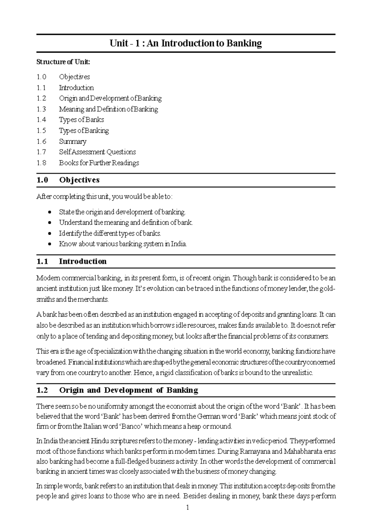 An Introduction to Banking - Unit - 1 : An Introduction to Banking Structure of Unit: 1 ...