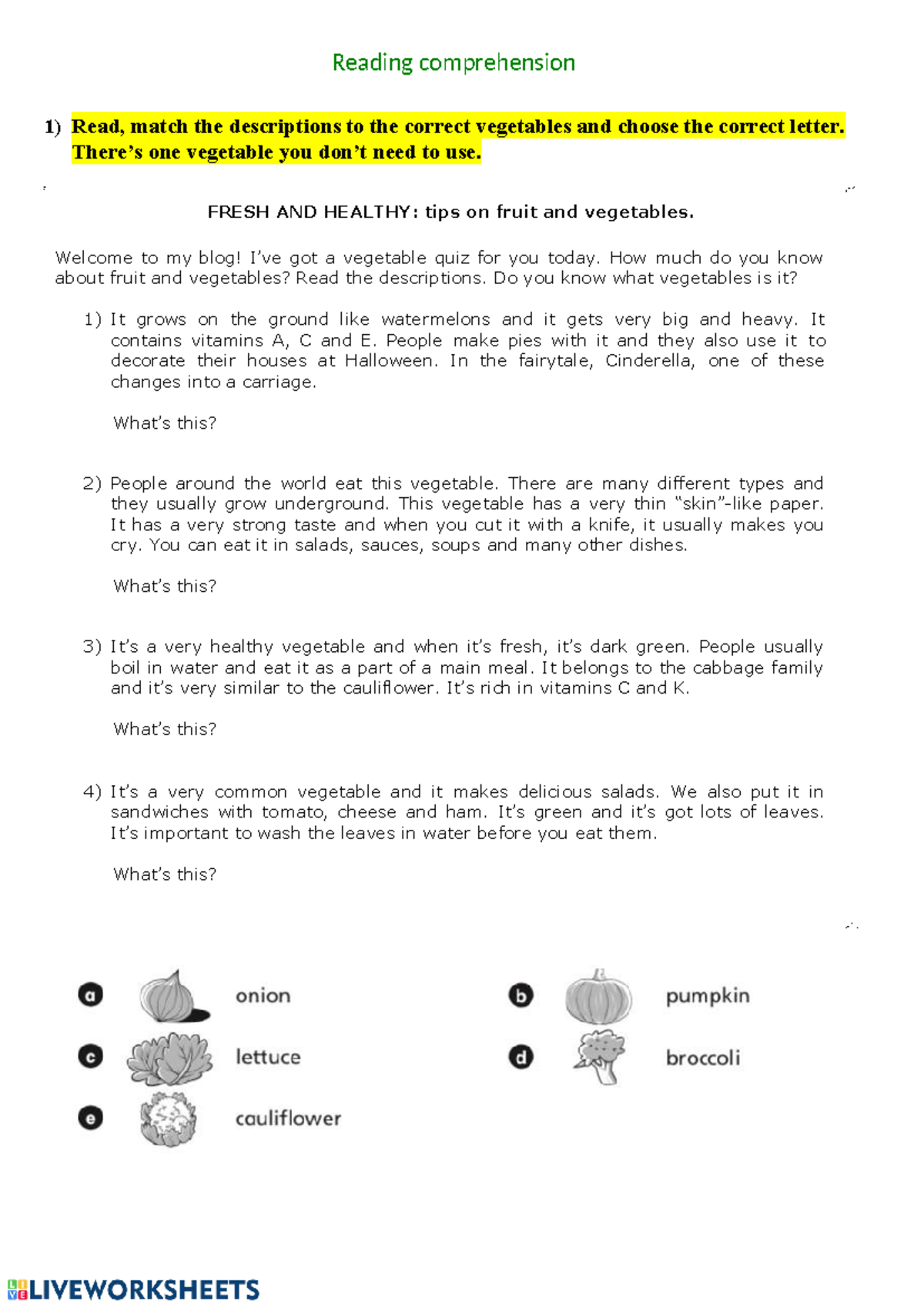 FOOD Reading - Reading comprehension 1) Read, match the descriptions to ...