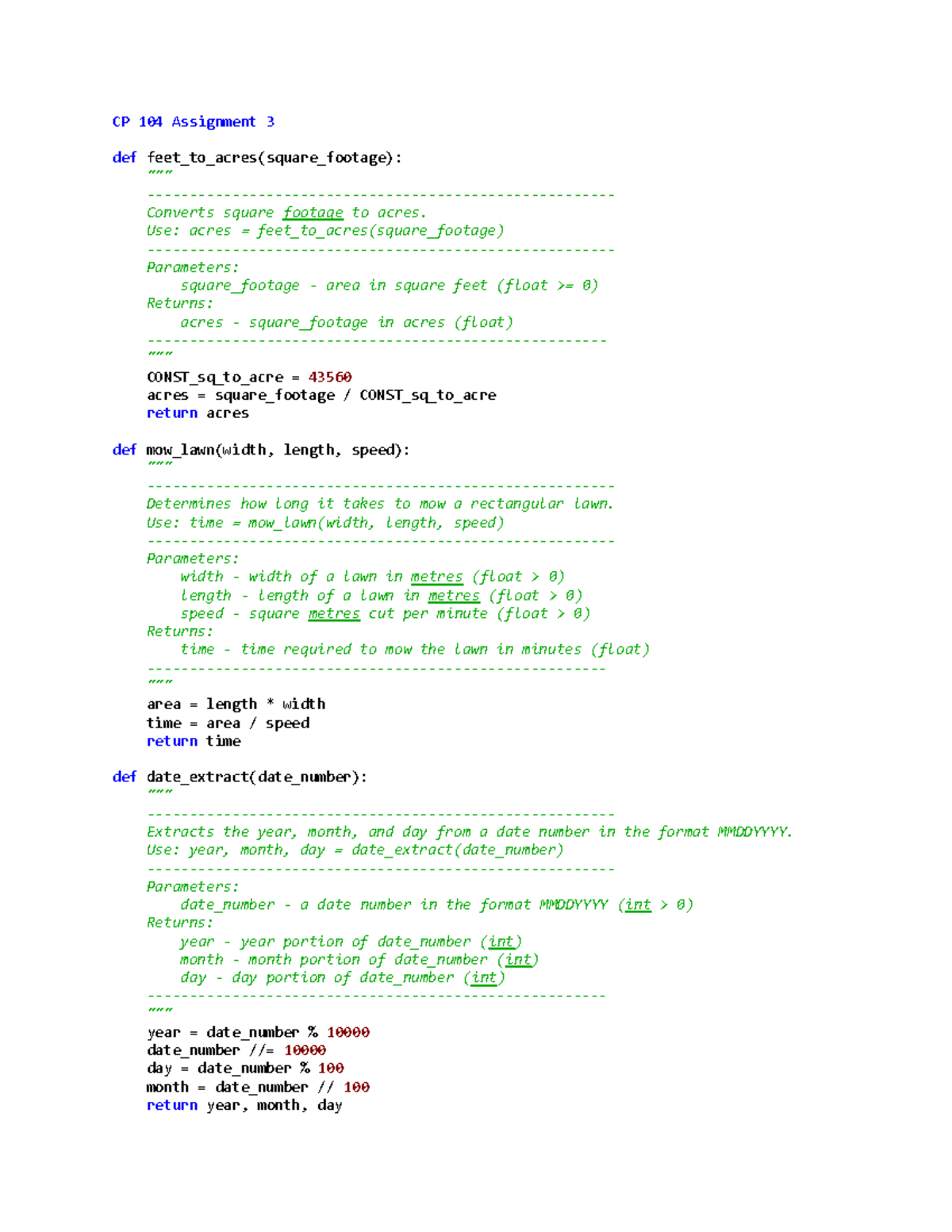 Cp 104 Assignment 3 Functionspy Cp 104 Assignment 3 Def Feettoacres Squarefootage