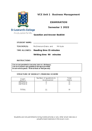 Year 11 Business Management Unit 1 Exam Revision Sheet - Year 11 ...