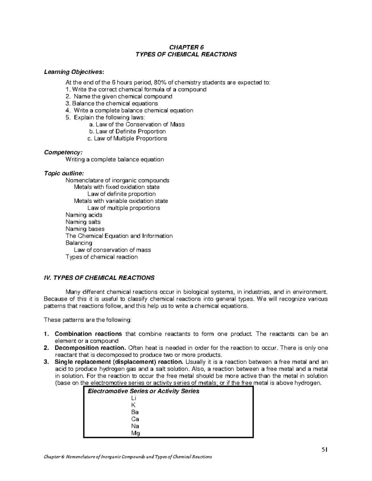 Chapter 6 Types of Chemical Reactions - 51 CHAPTER 6 TYPES OF CHEMICAL ...