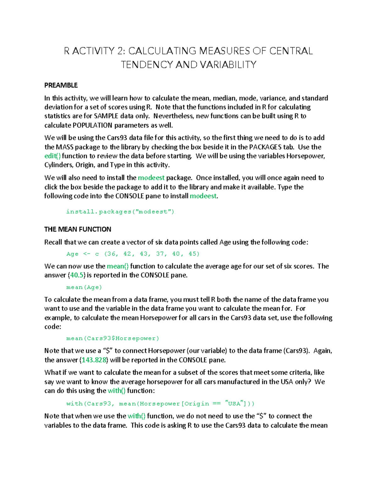 R studio Activity 2 - R ACTIVITY 2 : CALCULATING MEASURES OF CENTRAL ...