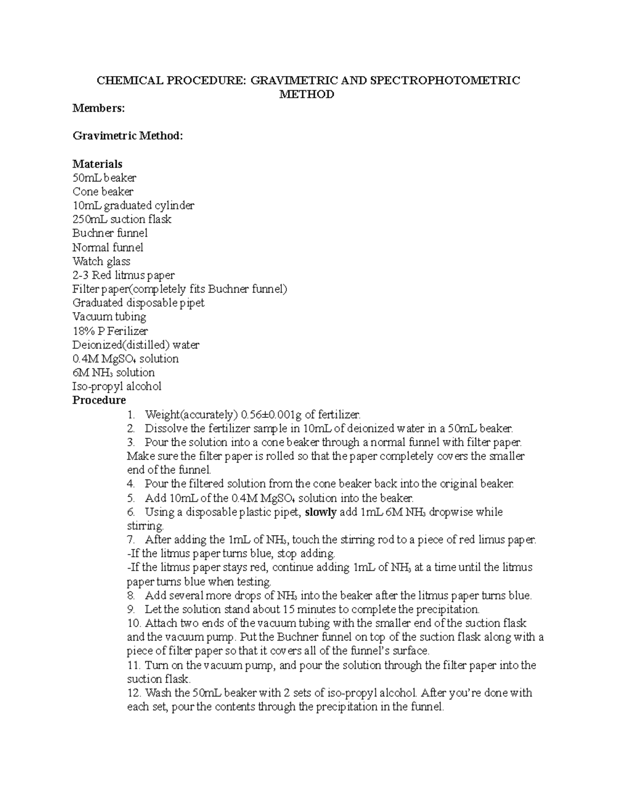 Chem Protocols - CHEMICAL PROCEDURE: GRAVIMETRIC AND SPECTROPHOTOMETRIC ...