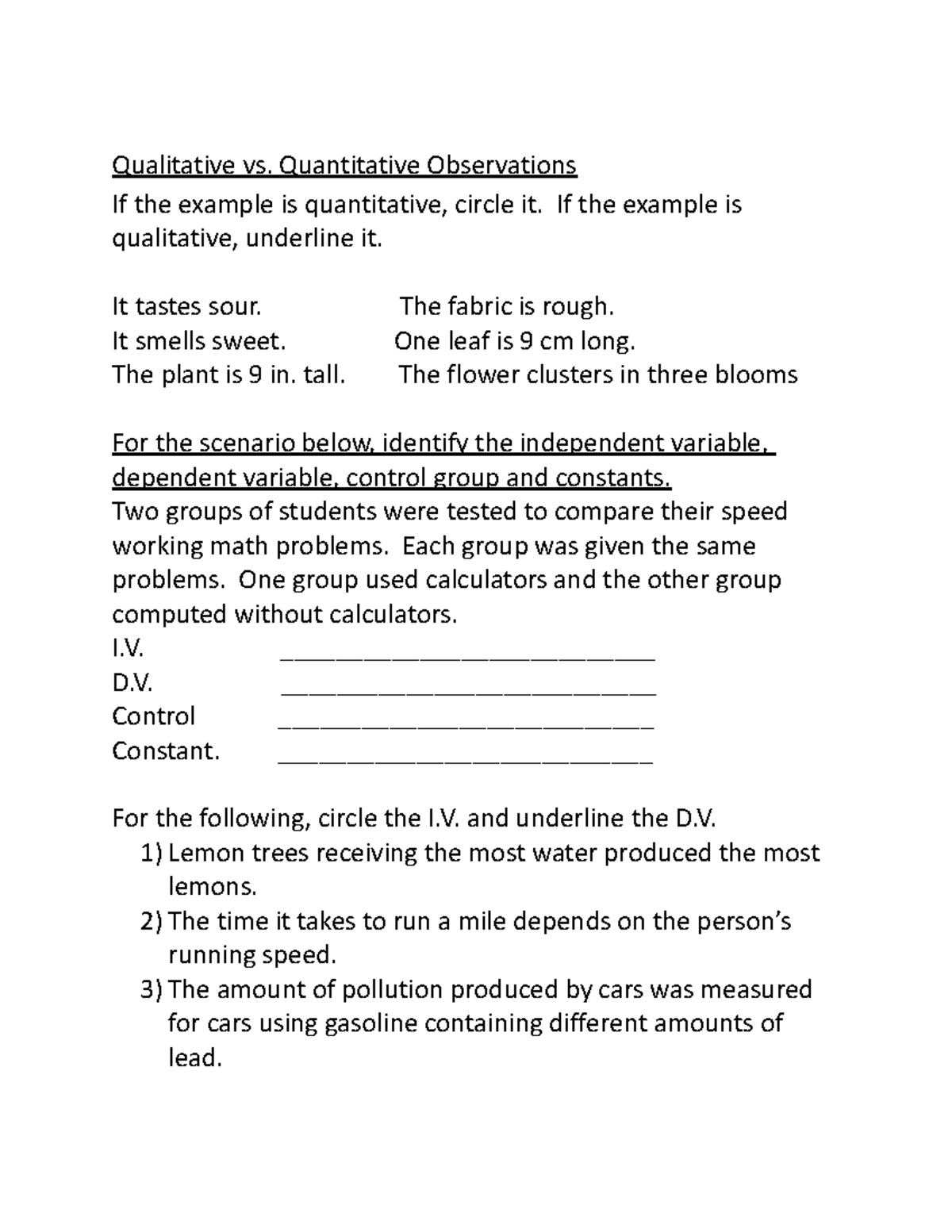 Variables Warm-up - warm up - Qualitative vs. Quantitative Observations ...