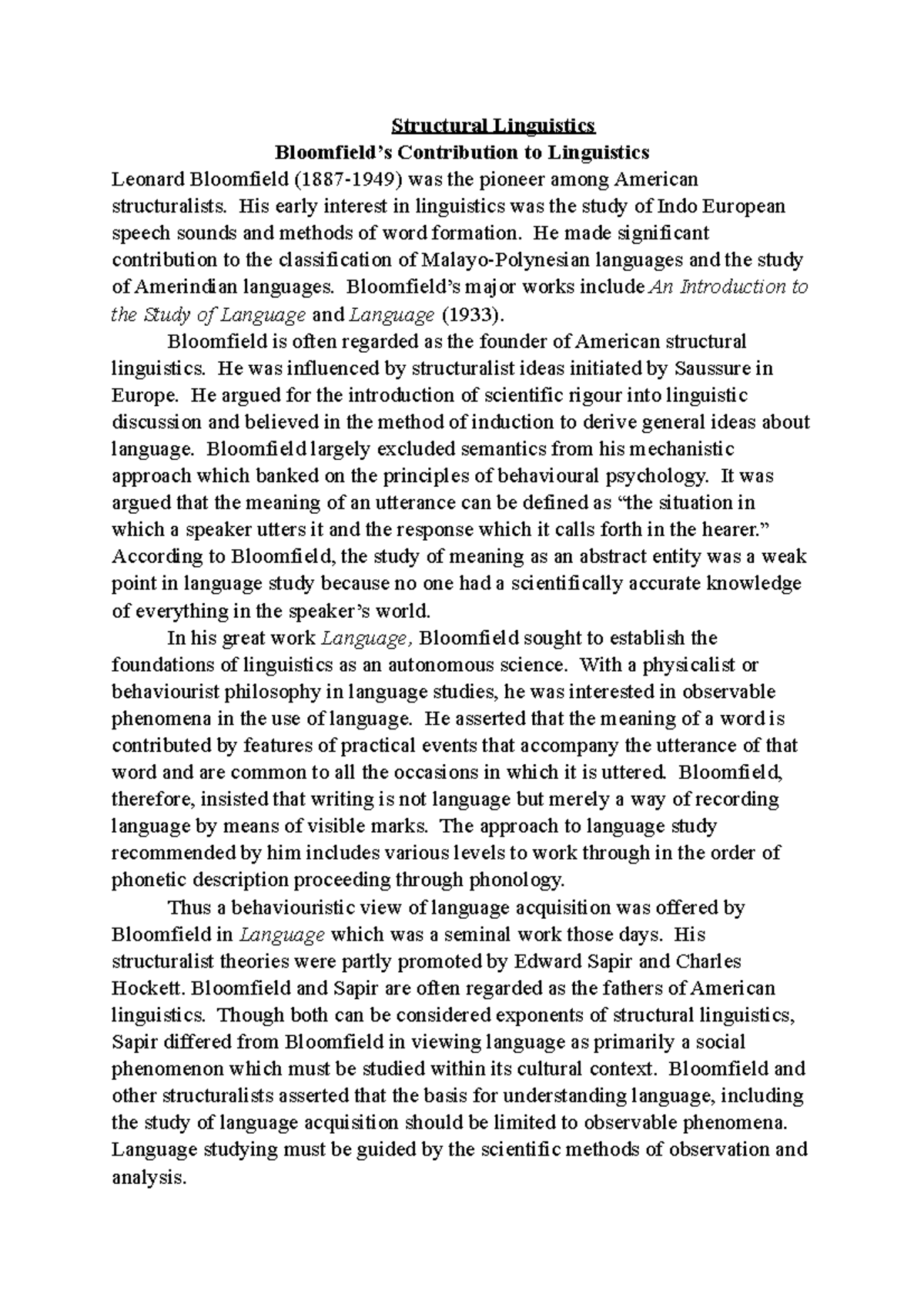 Bloomfield’s Contribution to Linguistics - Structural Linguistics ...