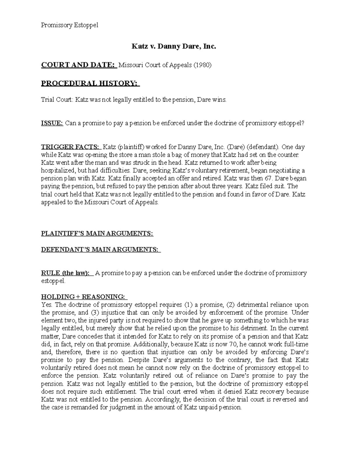 Katz v Danny Dare - Brief - Promissory Estoppel Katz v. Danny Dare, Inc. COURT AND DATE ...