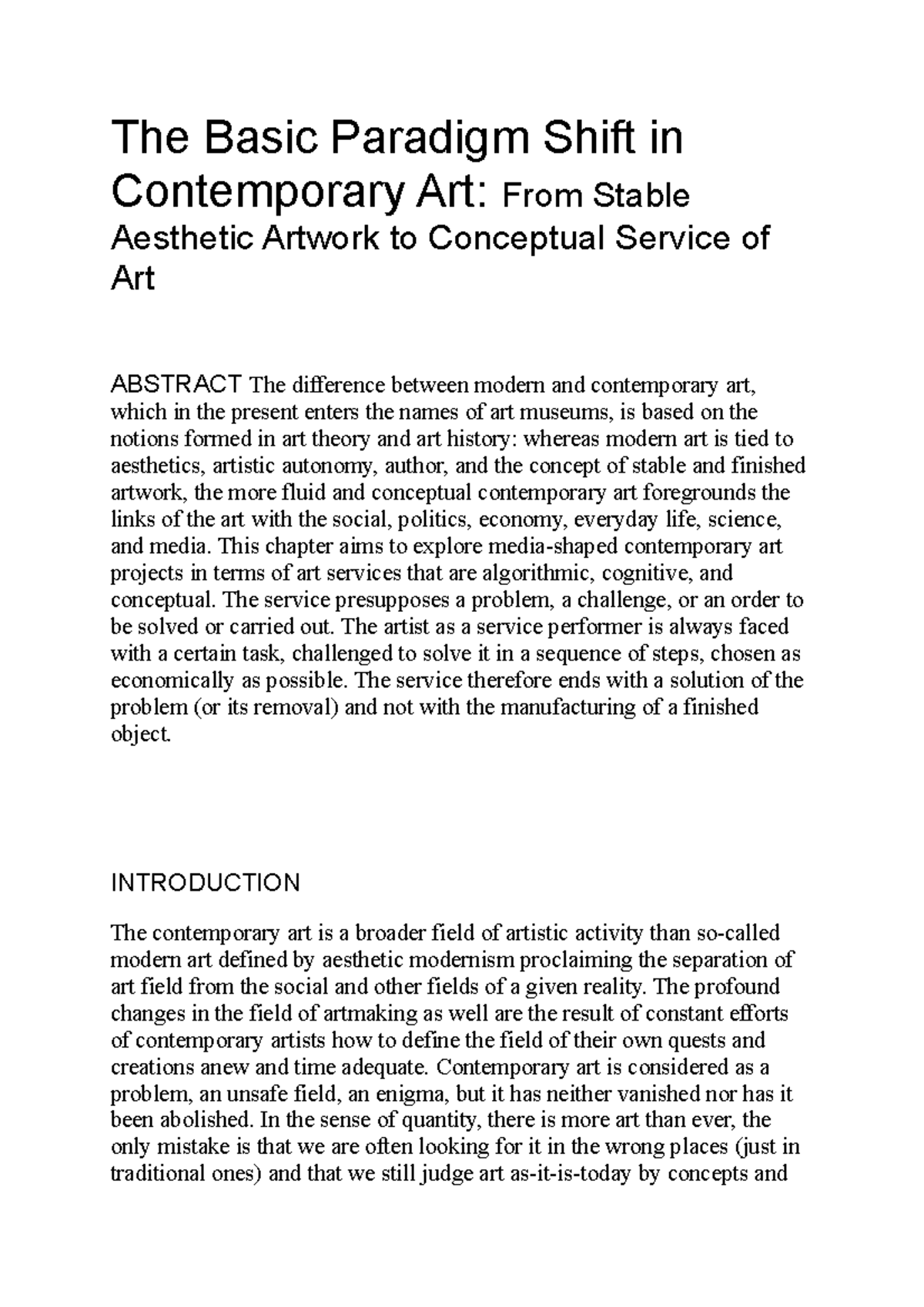 The Basic Paradigm Shiftin Contemporary Art - This chapter aims to ...