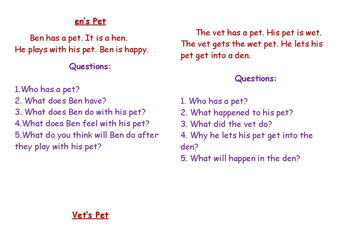 English reading - thank you - en’s Pet Ben has a pet. It is a hen. He ...