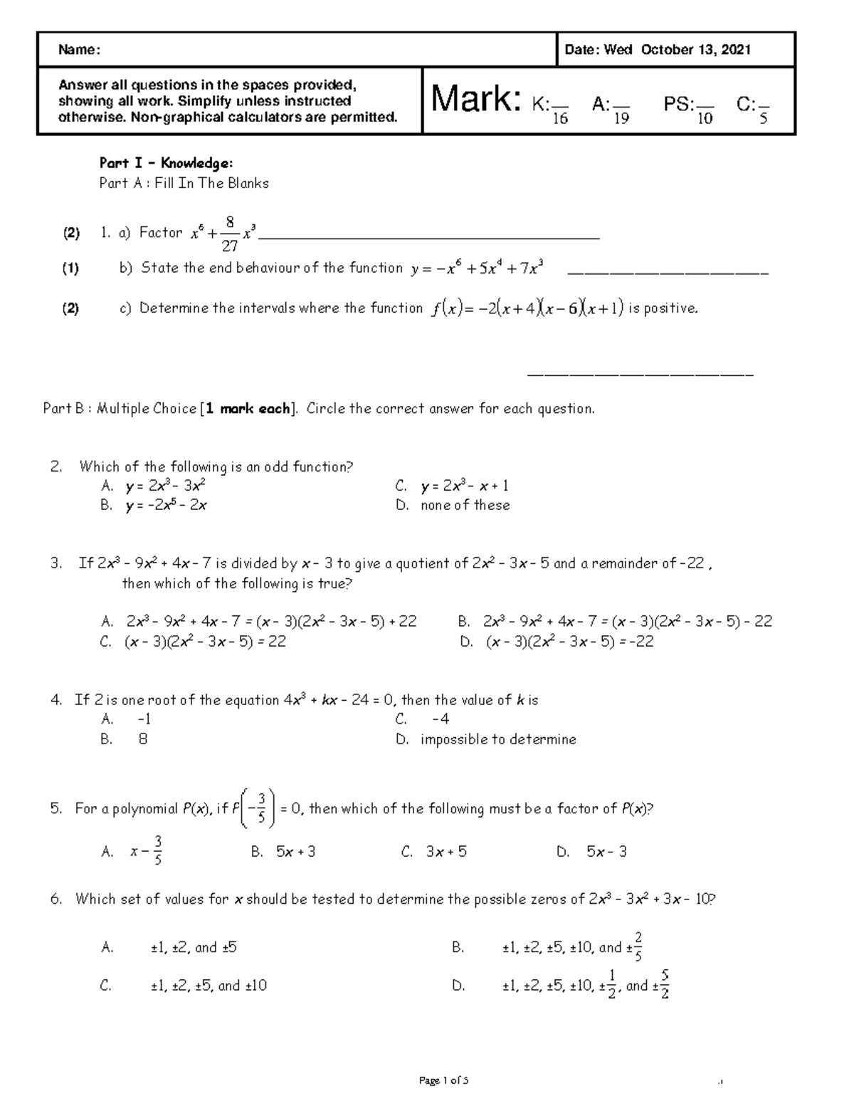 Oct 2021Test 1polys - advanced functions - Name: Date: Wed October 13 ...