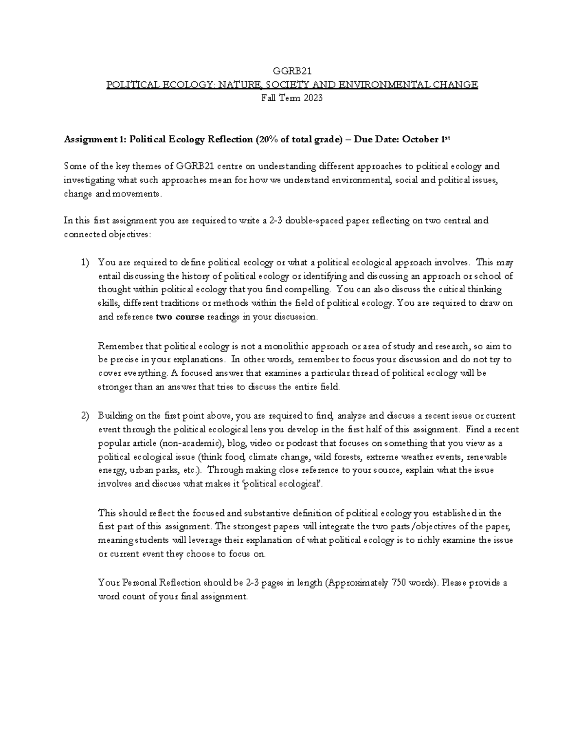 Assignment 1 - Political Ecology Reflection - GGRB21 -2023 - GGRB ...