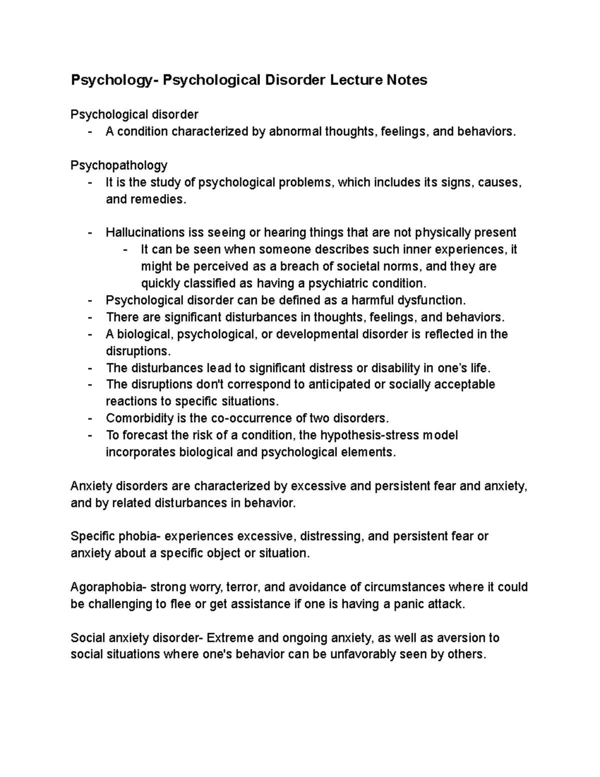 Psychology- Psychological Disorder Lecture Notes - Psychology ...