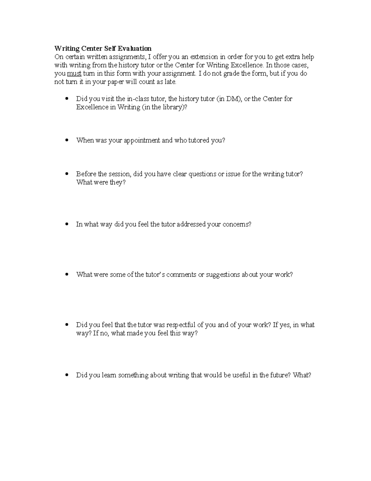 Writing Tutor Session Self Evaluation - Writing Center Self Evaluation ...