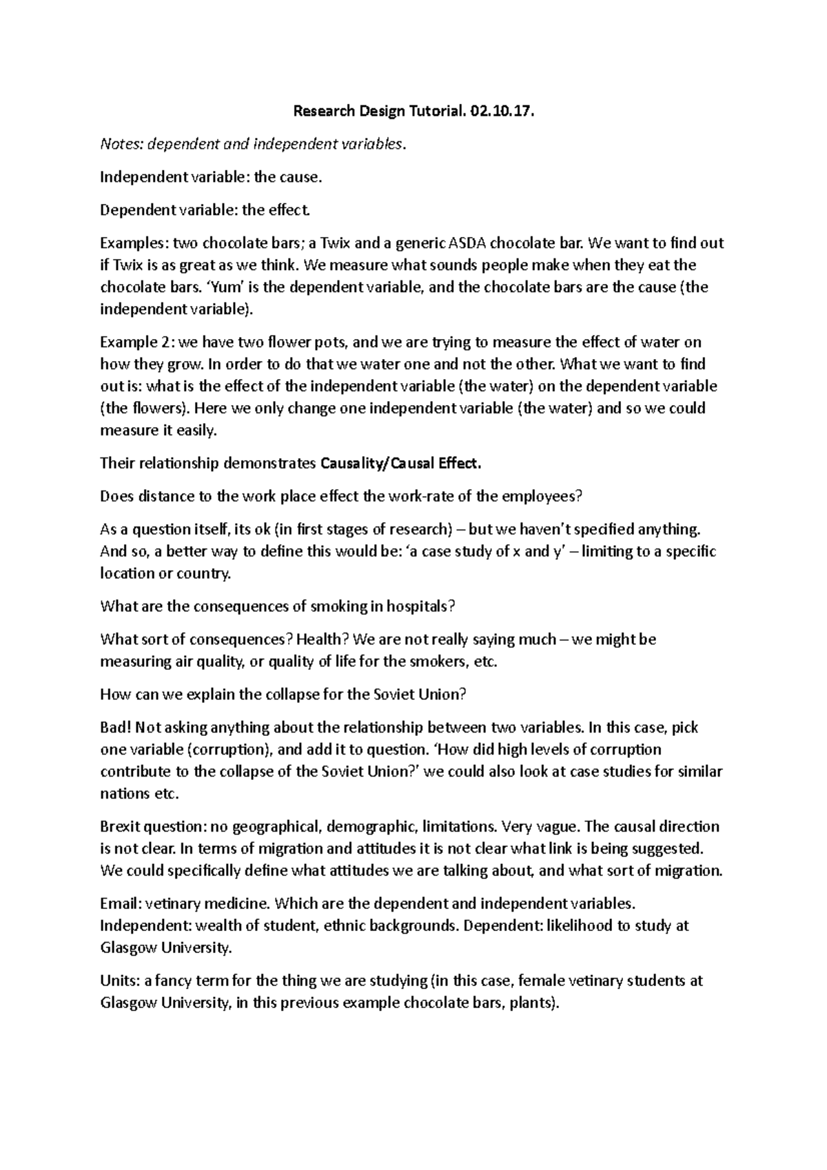 R.S. Design Notes Tutorial 2 - Research Design Tutorial. 02.10. Notes ...