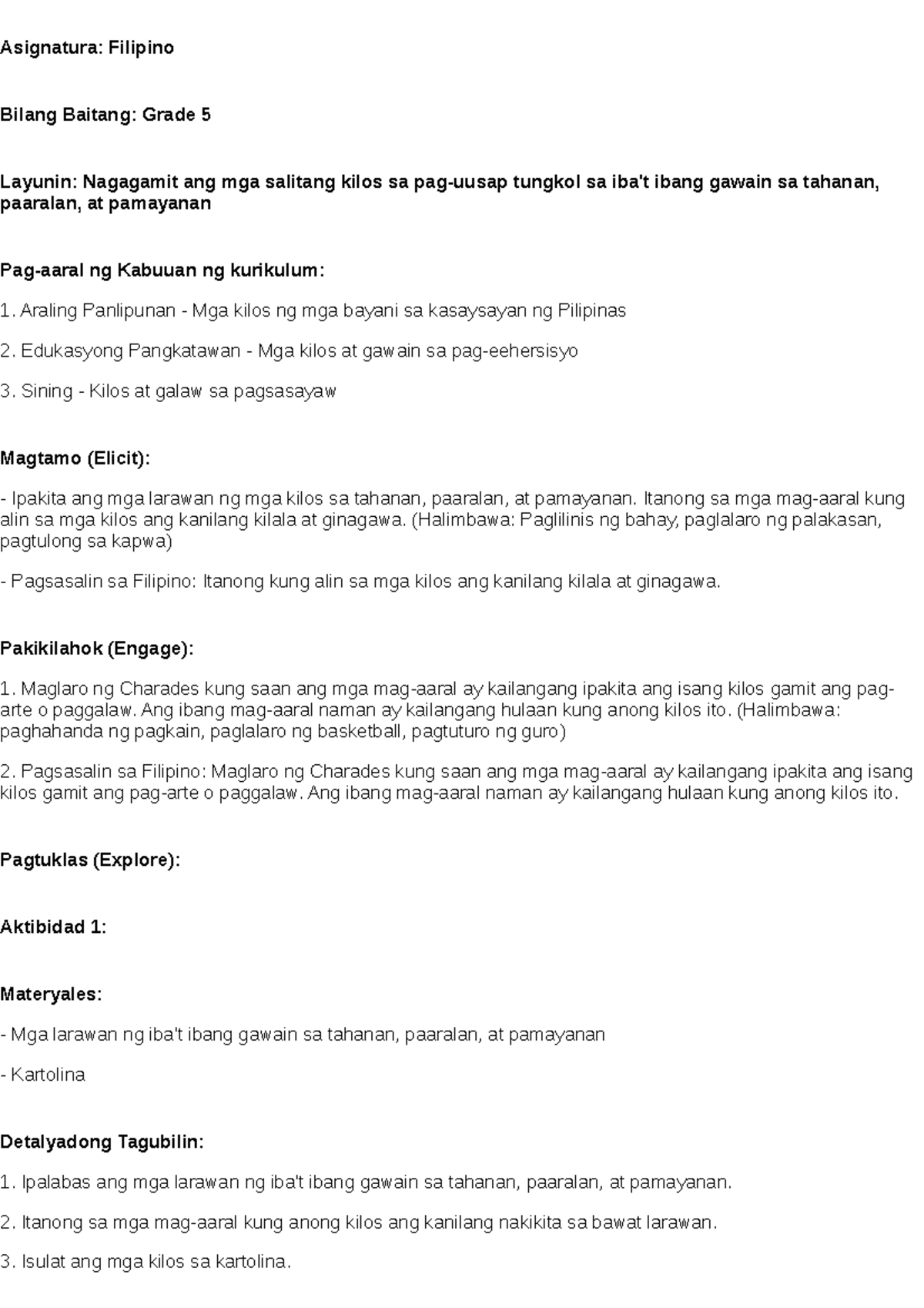 Lesson plan - None - Asignatura: Filipino Bilang Baitang: Grade 5 ...