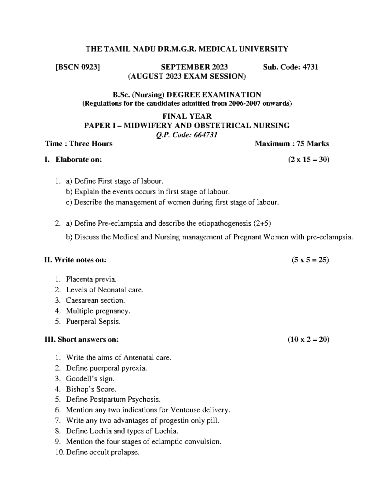 Question paper bsc - THE TAMIL NADU DR.M.G. MEDICAL UNIVERSITY [BSCN ...