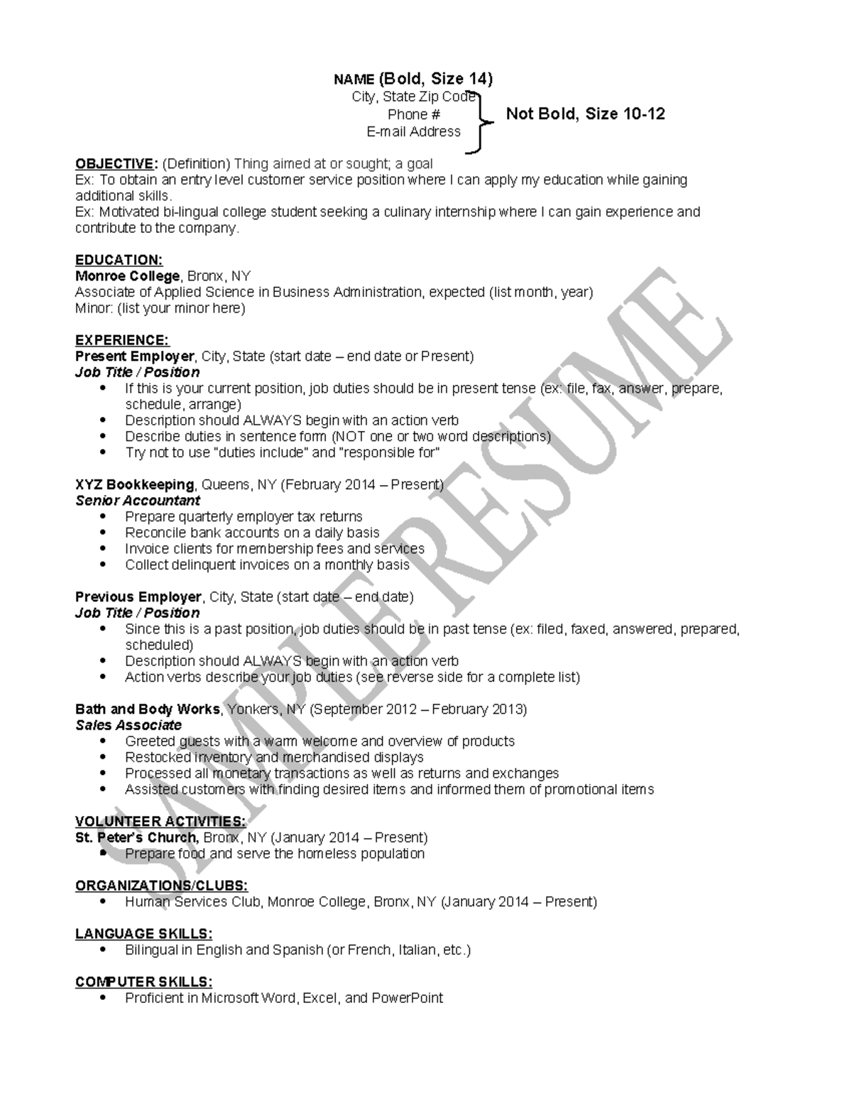 Career Services Resume Sample 1 - NAME (Bold, Size 14) City, State Zip ...