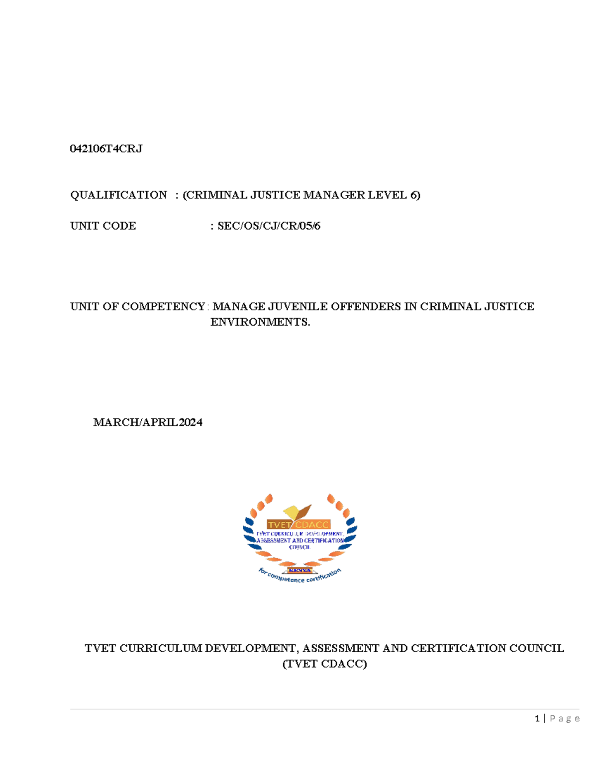 Manage Juvenile Offenders Level 6 Cdacc-TVET Candidate TOOL march-april ...