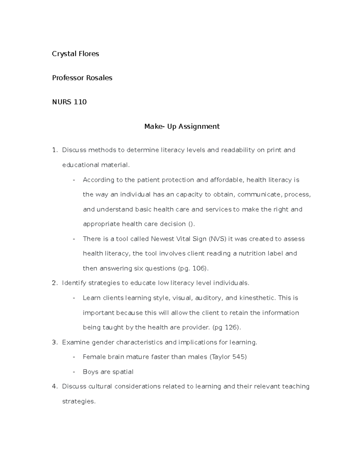 Make- Up Assignment - n/a - Crystal Flores Professor Rosales NURS 110 Make- Up Assignment ...
