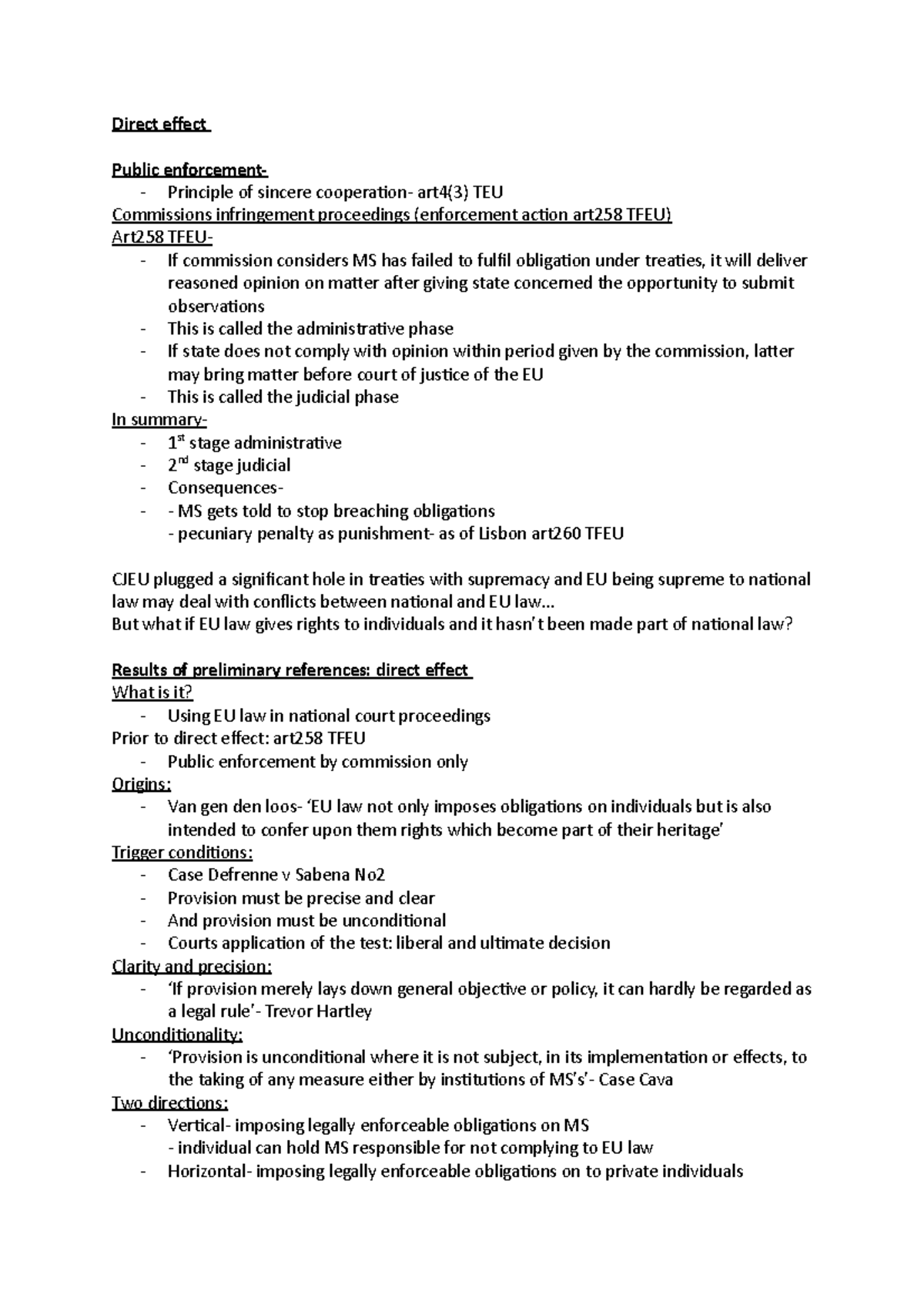 Direct effect - Direct effect Public enforcement- Principle of sincere ...