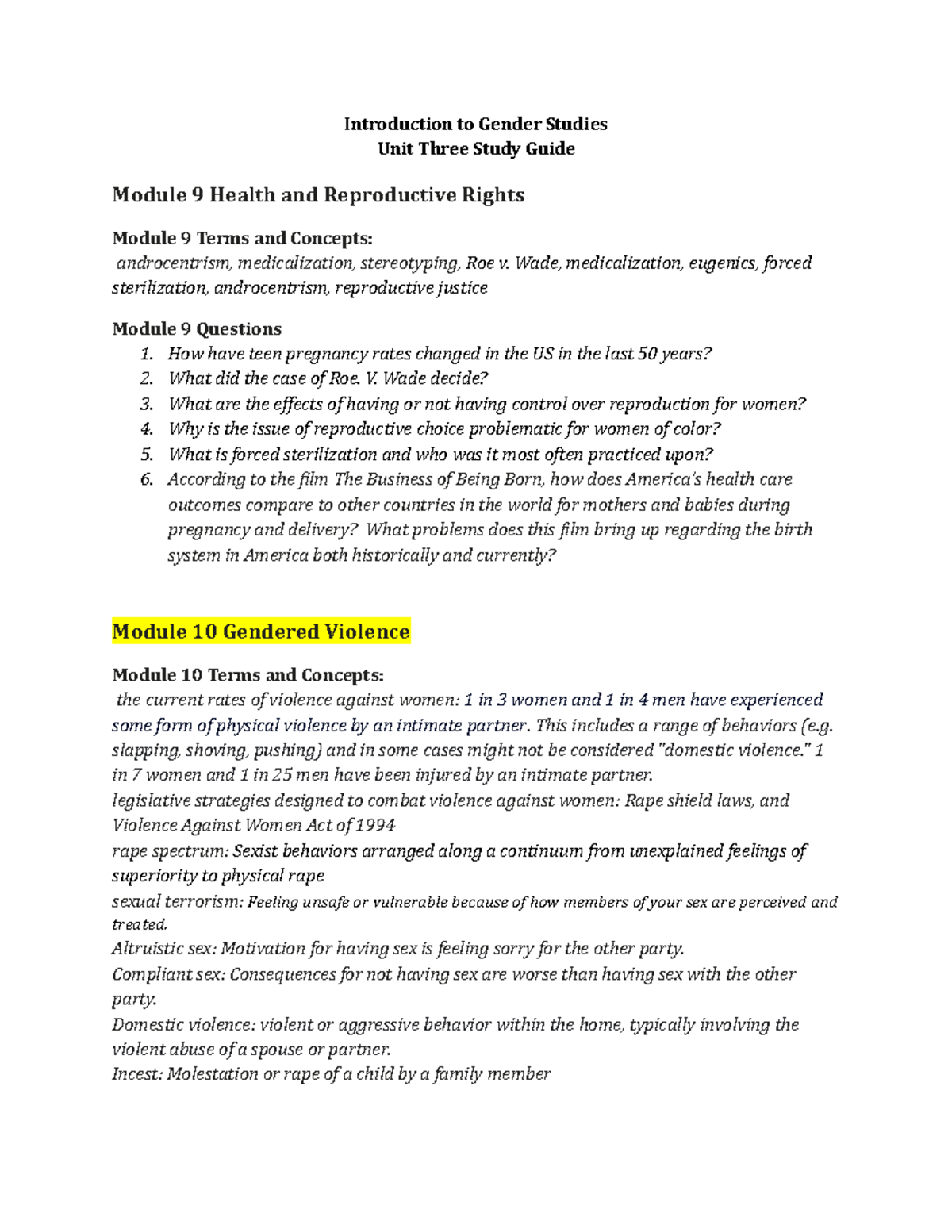 Unit 3 Study Guide (You Choose) - Introduction to Gender Studies Unit ...