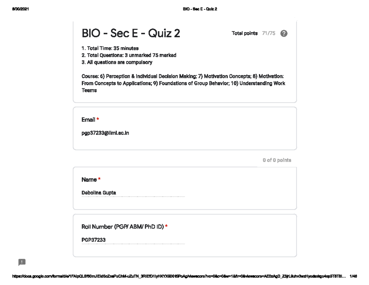 BIO Quiz 2 - Quiz 2 - Behavior in Organization - Studocu