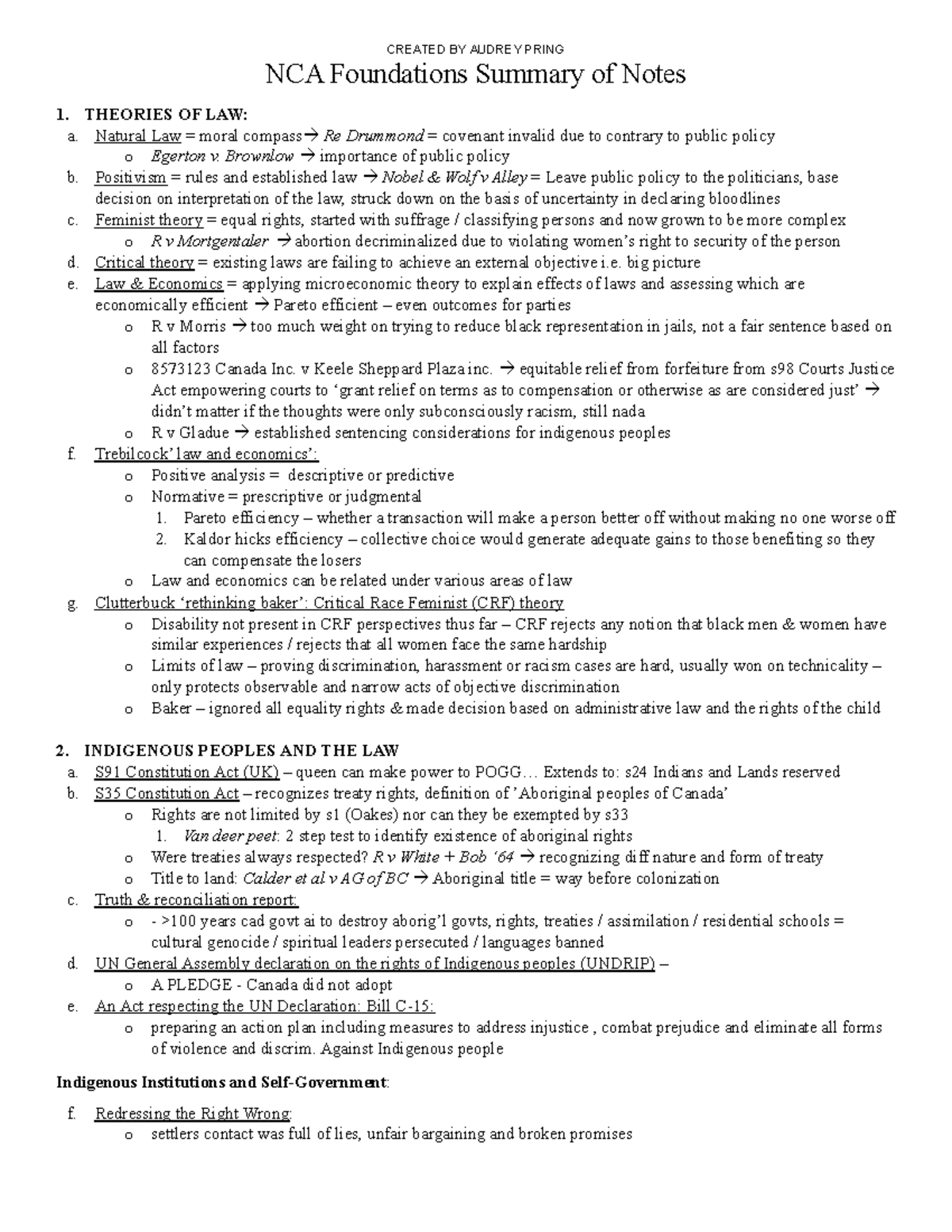 NCA Foundations Summary of Notes - THEORIES OF LAW: a. Natural Law ...