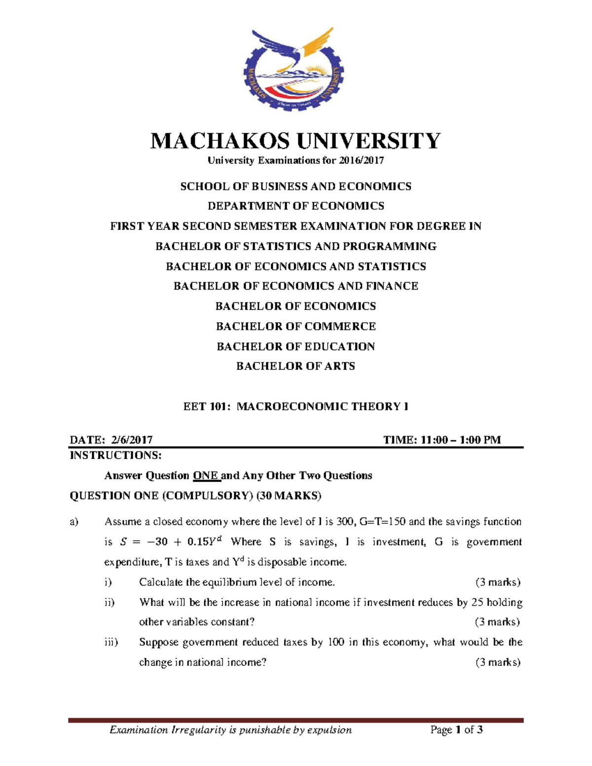EET 101 Macroeconomic Theory I Revision Questions Exam June 2017 ...