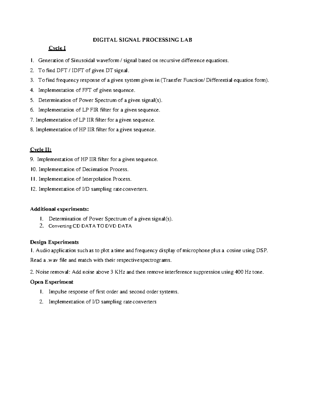 Digital signal processing lab - DIGITAL SIGNAL PROCESSING LAB Cycle I 1 ...