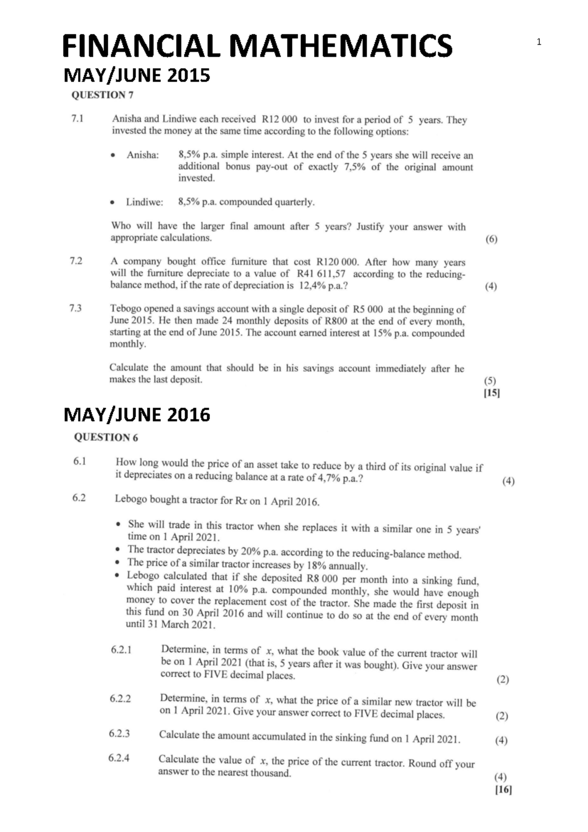 4. Financial Mathematics ( Paper 1) - MAY/JUNE 2015 MAY/JUNE 2016 ...