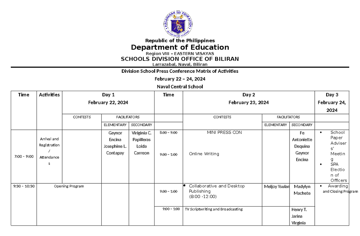 Matrix-DSPC-2024 - Republic of the Philippines Department of Education ...