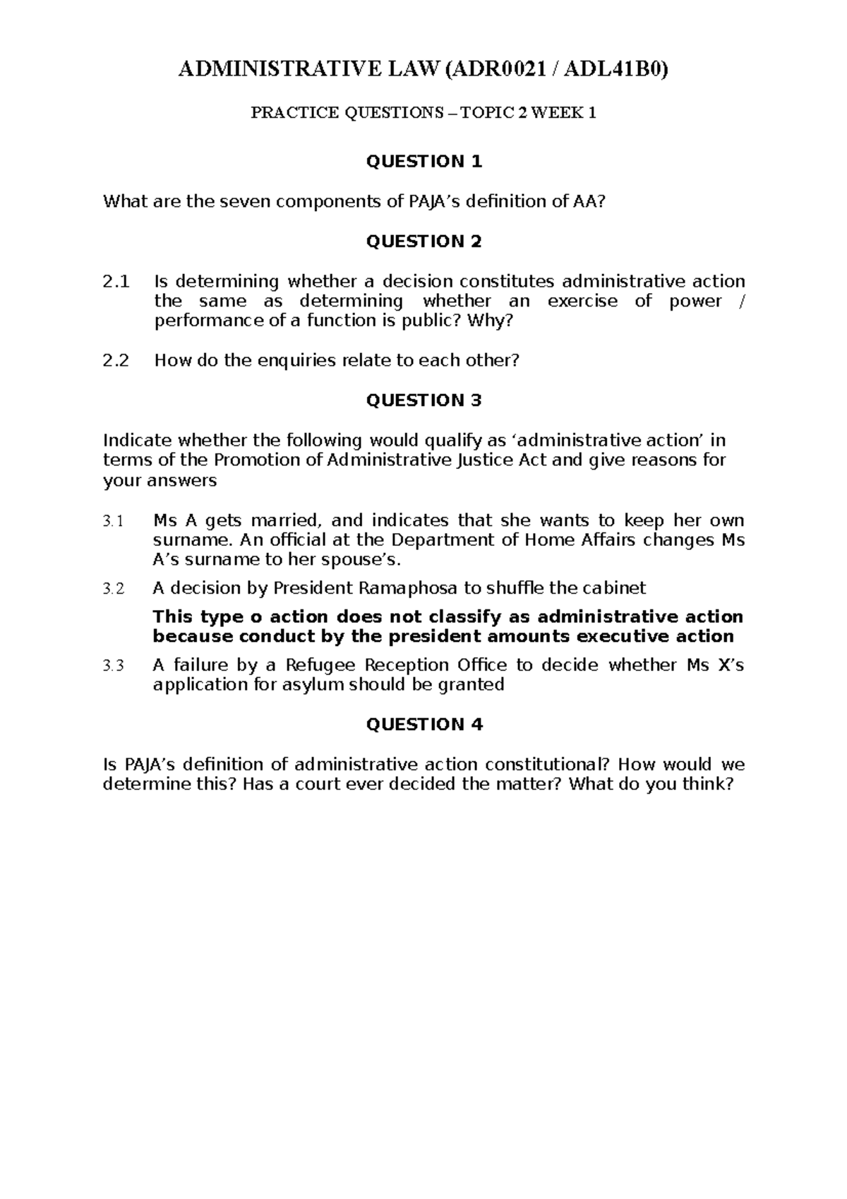 Topic 2 Week 1 - Practice Questions - ADMINISTRATIVE LAW (ADR0021 ...