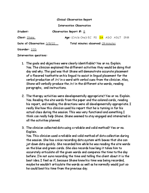 Clinical Observation Report #7 Kimber - Clinical Observation Report ...