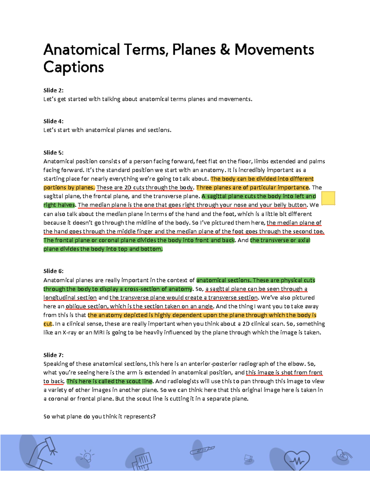 Week 1 A.1 Notes - Anatomical Terms, Planes & Movements Captions Slide ...